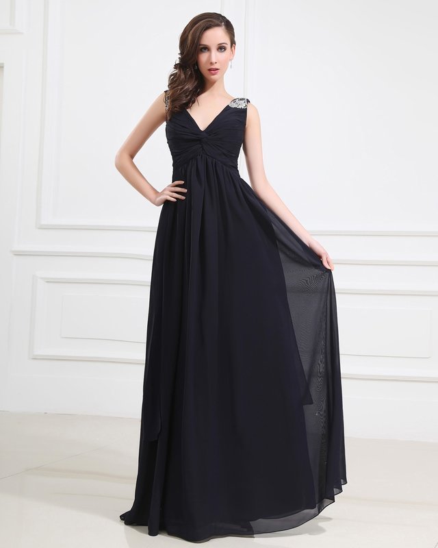 personalized V Neck spaghetti strap prom dress Elegant , Black
