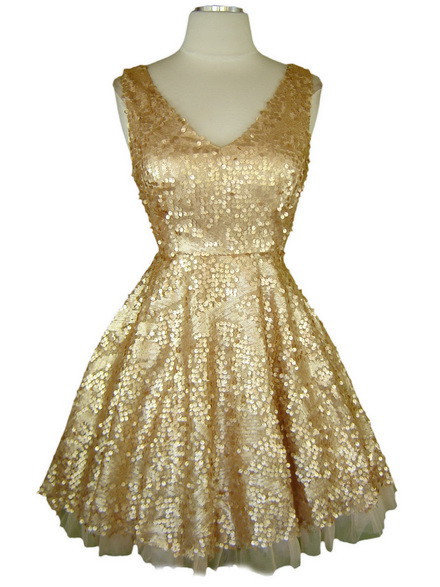 Custom Gold Sequins Pinup V Neck Ladies Cocktail Dresses With Bowknot