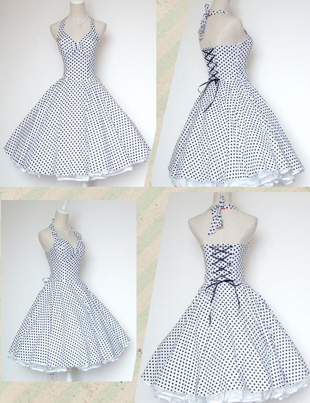 Blue White Pretty Sleeveless Girls Polka Dots Dresses / Halter Neck Prom Dresses For Women