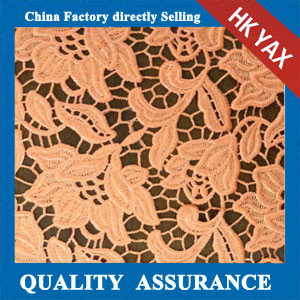 Fashionable pink 100% polyester small repeat design embroidery lace fabric
