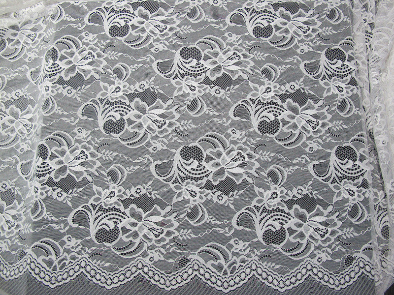 White Nylon Lace Fabric Floral Knitted With Border Lace & Scallop Edge