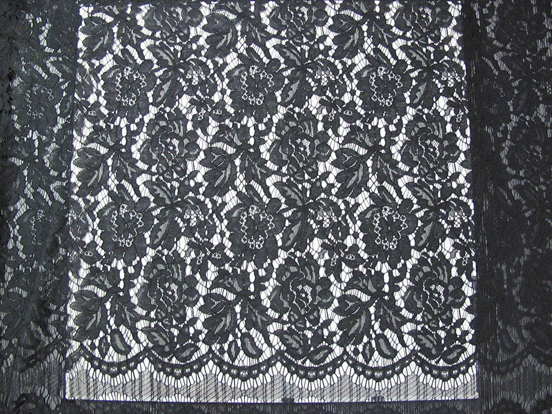 Cotton Nylon Rayon Floral Corded Lace Mesh Fabric Black Eco Friendly SGS BV ITS