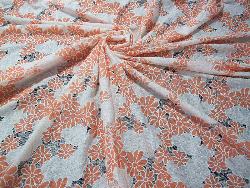 Floral Yellow / Orange Polyester Lace Fabric Cotton Two Tone Burnout Lace with Eco-friendly Dyeing(CY-DK0044)