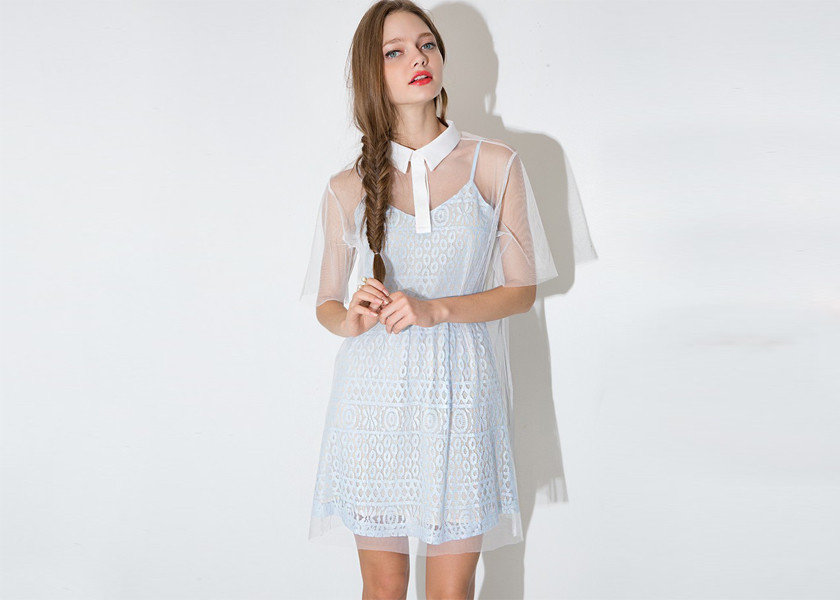Baby Blue Casual Womens Dresses Organza Two Piece Dress Can Be Worn Separately
