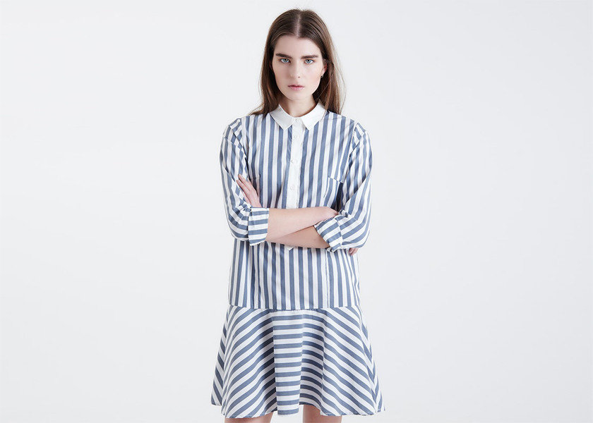 Navy Striped Malle Shirt Dresses For women / Drop Waist Summer Dress