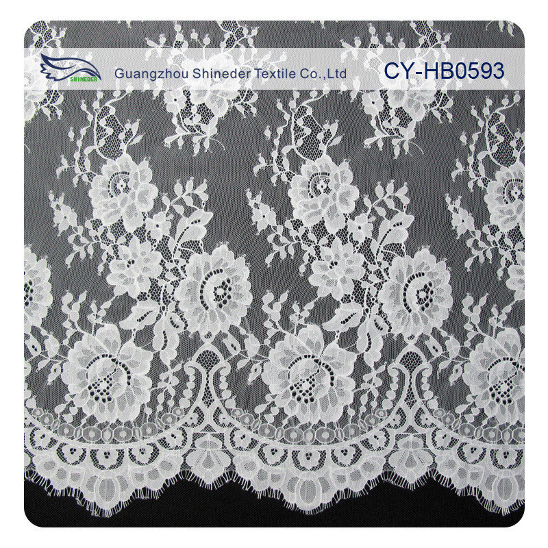 Chantily Nylon Lace Fabric For Wedding Dresses , Scalloped Floral Lace Fabric