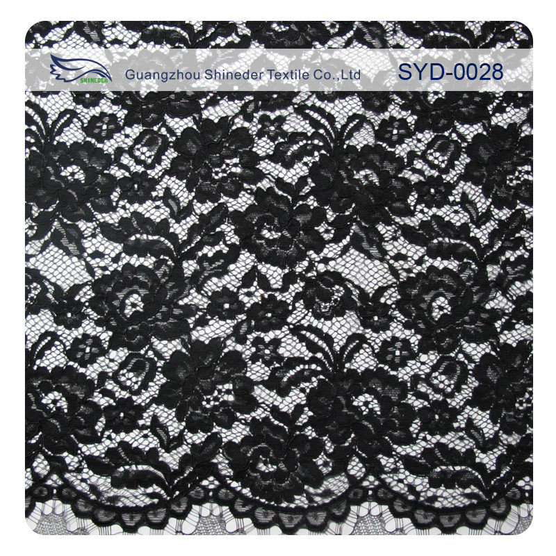 Quality Black Floral Scalloped Edge  Nylon Viscose Cord Lace Fabric , allover length, with scalloped edge