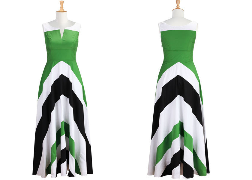 Colorblock Chevron Maxi Dresses Wide Banded Empire Waist Flared Skirt