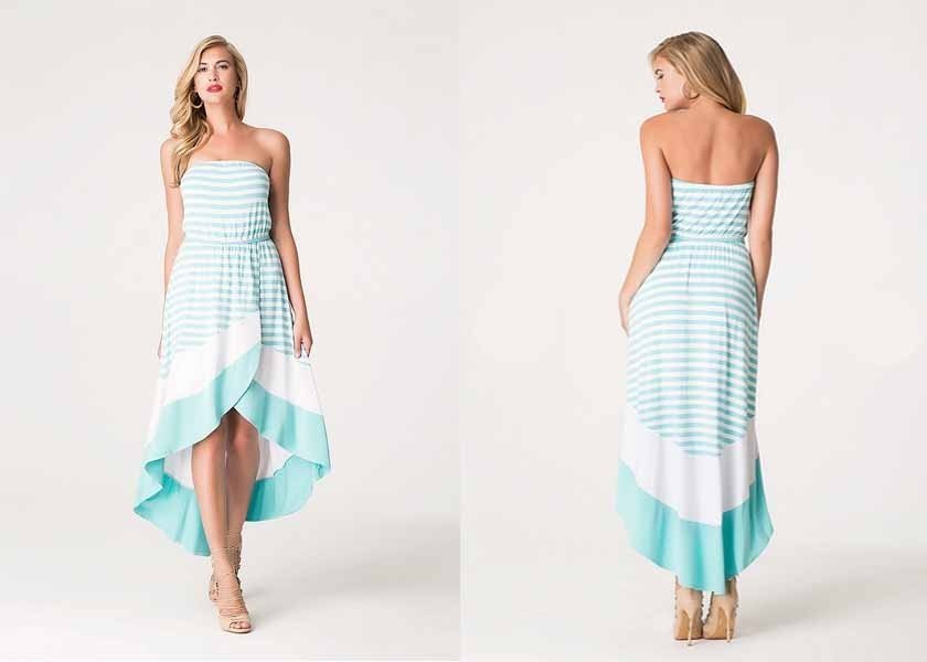Stretch Waist Casual Womens Dresses Sleek Striped Strapless for Seaside