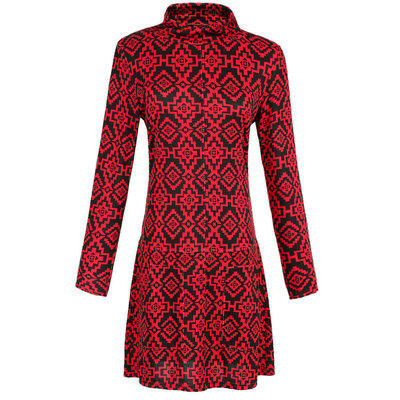 Geometrical black and red wool-like ladies casual long dress for Autumn