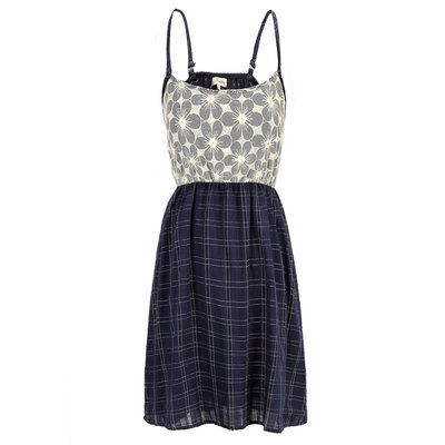 100% jaquared cotton navy trapeze casual summer dress with white flower cotton lace fo