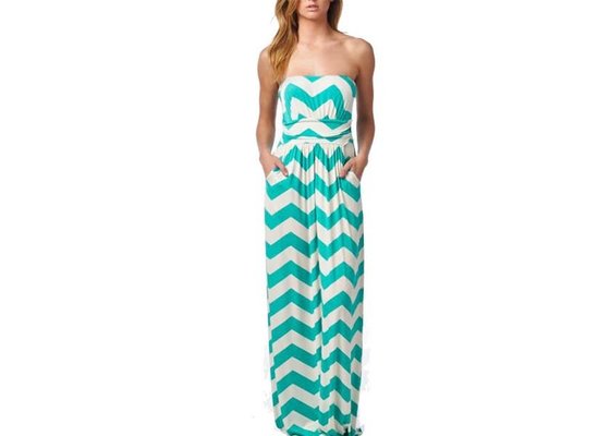 Chevron Strapless Casual Womens Dresses , Slinky Both Pocket Maxi Dress