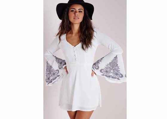 Crepe Bell Long Sleeve Casual Womens Dresses , White Skater Dress