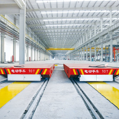 Flat transport carriage powered by busbar with steel frame on railways
