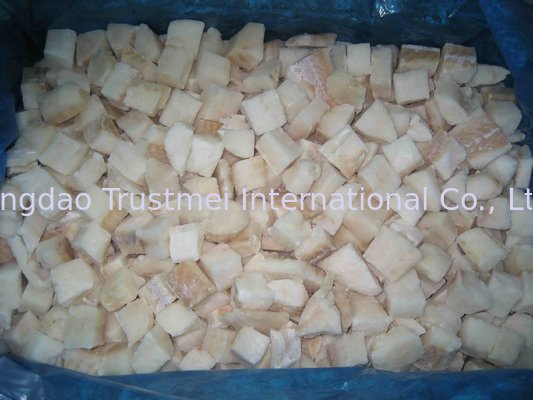 Frozen Pacific cod cubes , cut from natural fillets
