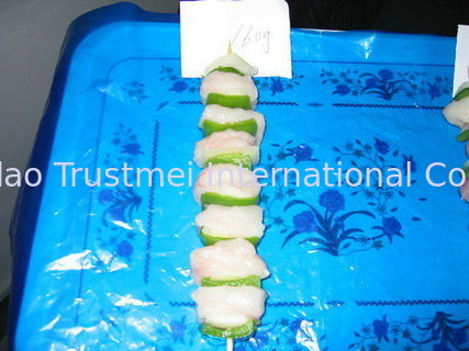 MSC frozen Hoki skewers with green pepper. Macruronus novaezelandiae