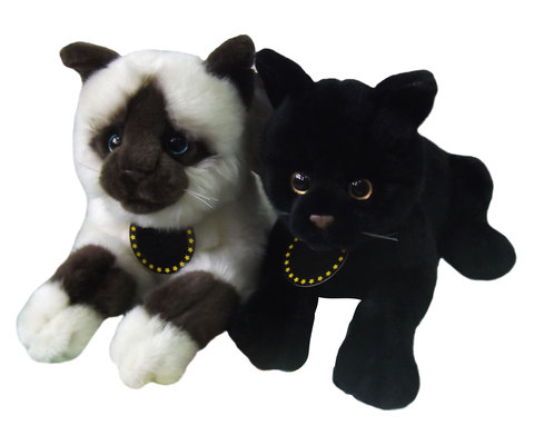 6''lying plush stuffed cat with plastic eyes and hand spray colors supplier