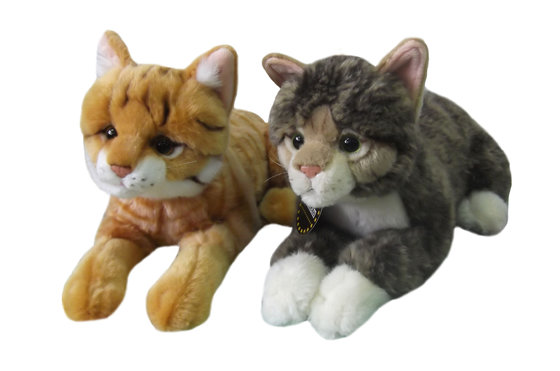 6''lying plush stuffed kittens/ cats with hand spray patterns brown & grey colors supplier
