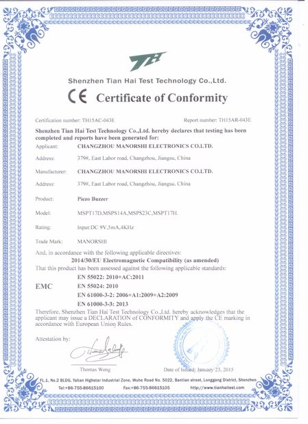Chine CHANGZHOU MANORSHI ELECTRONICS CO.LTD. certifications