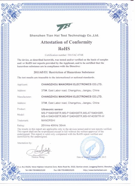 Chine CHANGZHOU MANORSHI ELECTRONICS CO.LTD. certifications