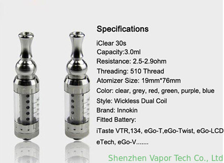 100% Original Innokin iClear 30S Atomizer Rotatable Replaceable 3ml Dual Coil Clearomizer fit for 510 thread battery box supplier