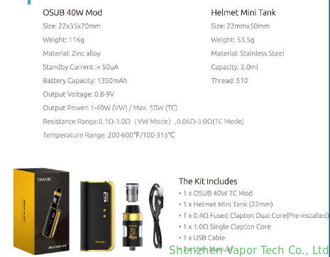 Top quality and 100% Original1350mAh SMOK OSUB 40W TC Starter Kit with Magnetic battery cover and Pocket size supplier