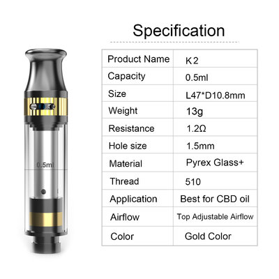 CBD tank K2 cartridge 0.5ml tank capacity adjustable airflow ceramic coil pyrex glass and metal material gold color