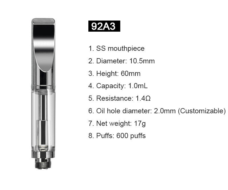 CBD oil cartridge 1.0ml capacity and Stainless Steel mouthpiece pyrex glass tube and ceramic coil metal tip 510 thread