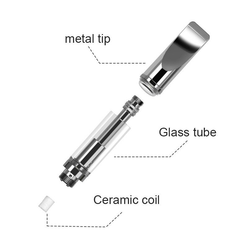 510 thread CBD oil cartridge vaporize with 1.0ml capacity ceramic coil stainless steel and pyrex glass chrom color