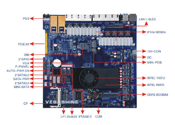 Celeron Dual Core 1037U 8 LAN firewall motherboard with COM network security mainboard supplier