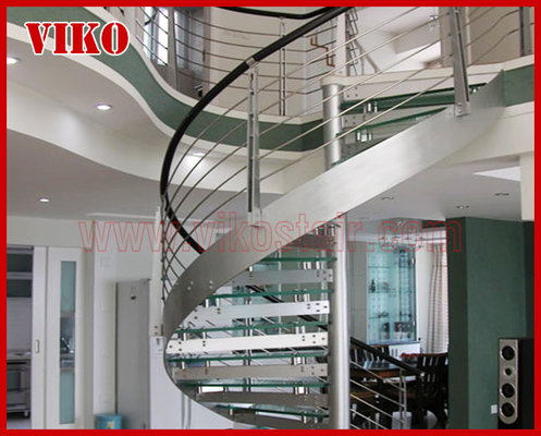Spiral StaircaseVH11S  Spiral Stainless Steel Stair Tread Beech Curved Glass Handrail 304 Stainless Steel Railing Glass