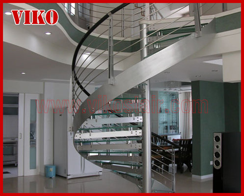 Spiral StaircaseVH11S  Spiral Stainless Steel Stair Tread Beech Curved Glass Handrail 304 Stainless Steel Railing Glass