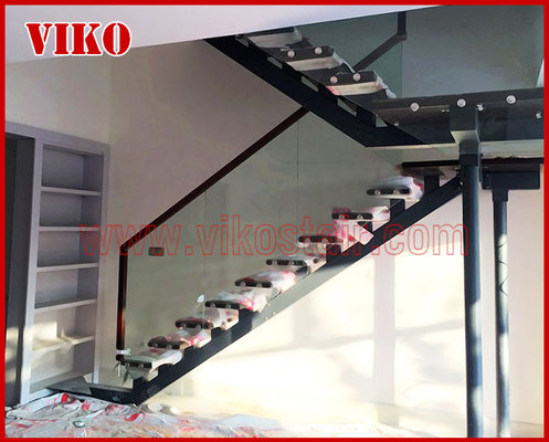 Straight Stringer Staircase VK10S Double Steel Plate Stair,304 Stainless Steel,Glass Tread,12mm Tempered Glass Railing,