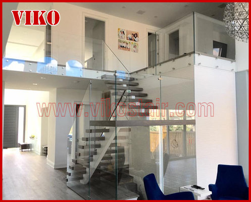 Straight Stringer Staircase VK12S Double Steel Plate Stair,304 Stainless Steel,Glass Tread,12mm Tempered Glass Railing,