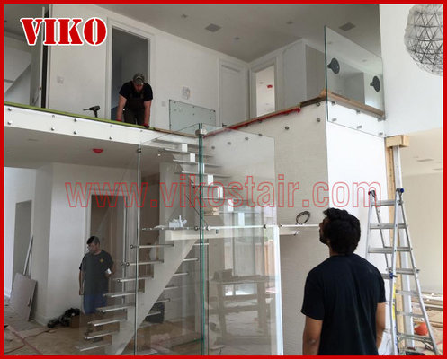 Straight Stringer Staircase VK12S Double Steel Plate Stair,304 Stainless Steel,Glass Tread,12mm Tempered Glass Railing,
