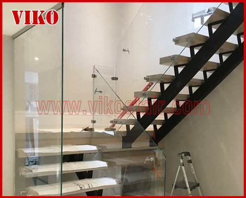 Straight Stringer Staircase VK13S Double Steel Plate Stair,304 Stainless Steel,Glass Tread,12mm Tempered Glass Railing,