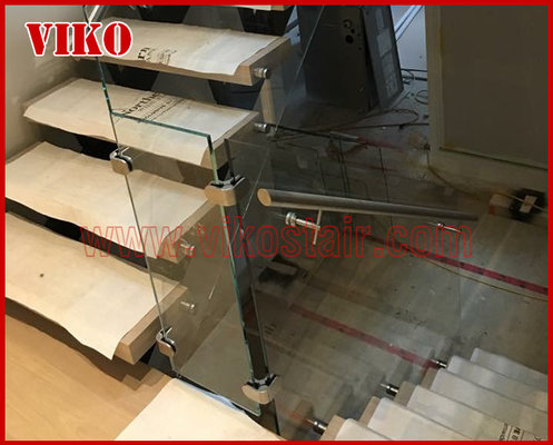 Straight Stringer Staircase VK13S Double Steel Plate Stair,304 Stainless Steel,Glass Tread,12mm Tempered Glass Railing,
