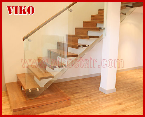 Floating Staircase VK50C Tempered Glass LED Light strip StringerBeech Tread American Oak  StringerStainless Steel Powder