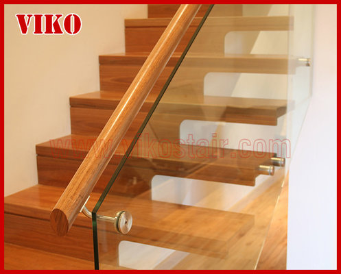 Floating Staircase VK50C Tempered Glass LED Light strip StringerBeech Tread American Oak  StringerStainless Steel Powder