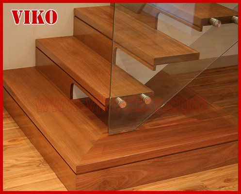 Floating Staircase VK50C Tempered Glass LED Light strip StringerBeech Tread American Oak  StringerStainless Steel Powder