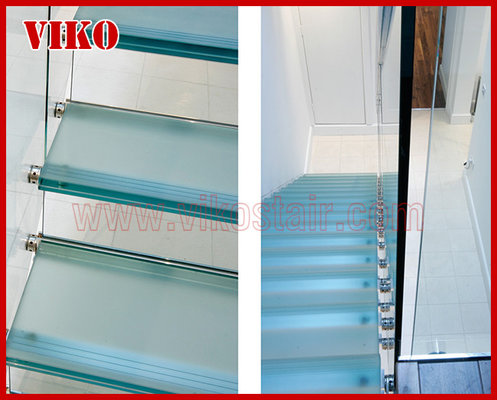 Floating Staircase VK52C Tread Glass TemperedGlass12mm LED Light strip StringerBeechTread StringerStainless Steel Powder