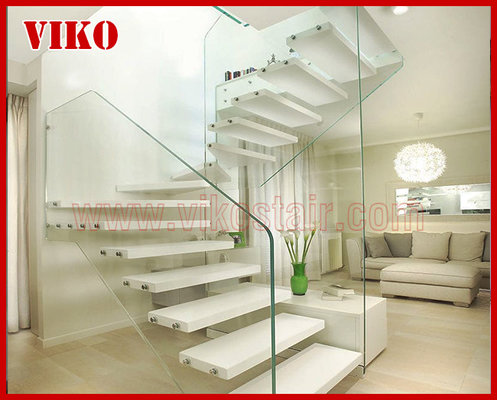 Floating Staircase VK54C  Tread American OakTempered Glass LED Light strip StringerBeech StringerStainless Steel Powder