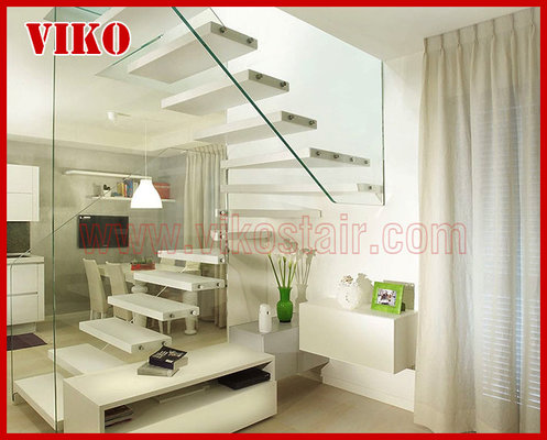 Floating Staircase VK54C  Tread American OakTempered Glass LED Light strip StringerBeech StringerStainless Steel Powder