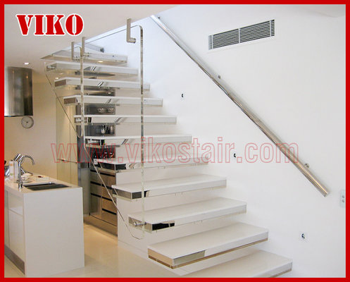 Floating Staircase VK55C  Tempered Glass Tread American Oak LED Light strip StringerBeech StringerStainless Steel Powder