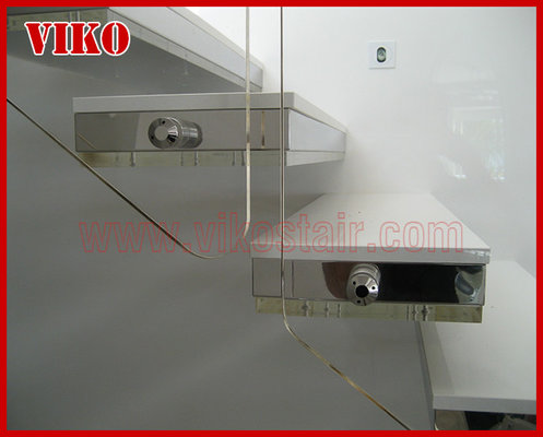 Floating Staircase VK55C  Tempered Glass Tread American Oak LED Light strip StringerBeech StringerStainless Steel Powder