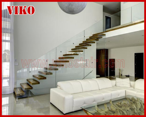 Floating Staircase VK56C  Tempered Glass Tread American Oak LED Light strip StringerBeech StringerStainless Steel Powder