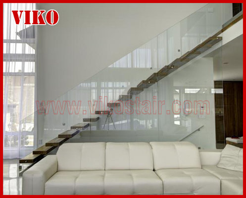 Floating Staircase VK56C  Tempered Glass Tread American Oak LED Light strip StringerBeech StringerStainless Steel Powder