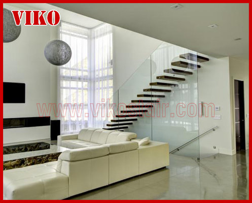 Floating Staircase VK56C  Tempered Glass Tread American Oak LED Light strip StringerBeech StringerStainless Steel Powder