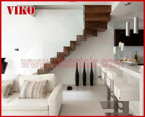 Double Steel Plate Staircase VK62S  Tread beech ,Railing tempered glass, Handrail b eech Stringer,carbon