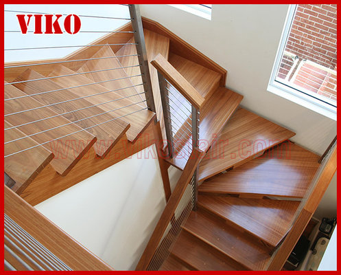 Steel Cable Stair VK77SC Carbon Steel Powder-coate  Aluminum Baluster  Treed Beech  Handrail 304 Stainless Steel  Glass